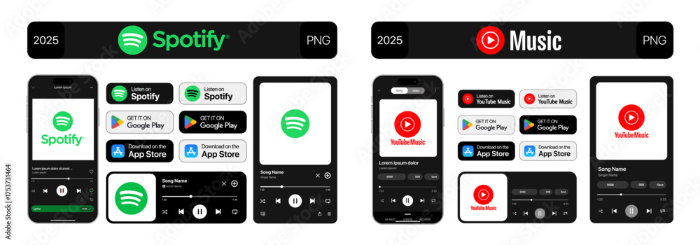 Spotify and YouTube Music mockup displaying logos, playlists, albums ...