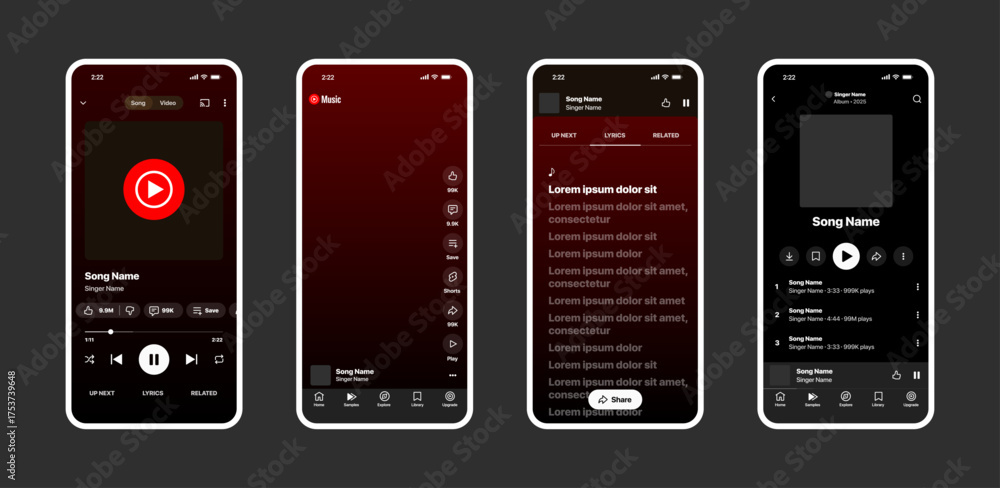 YouTube Music latest update mockup showing playlists, albums, playback ...