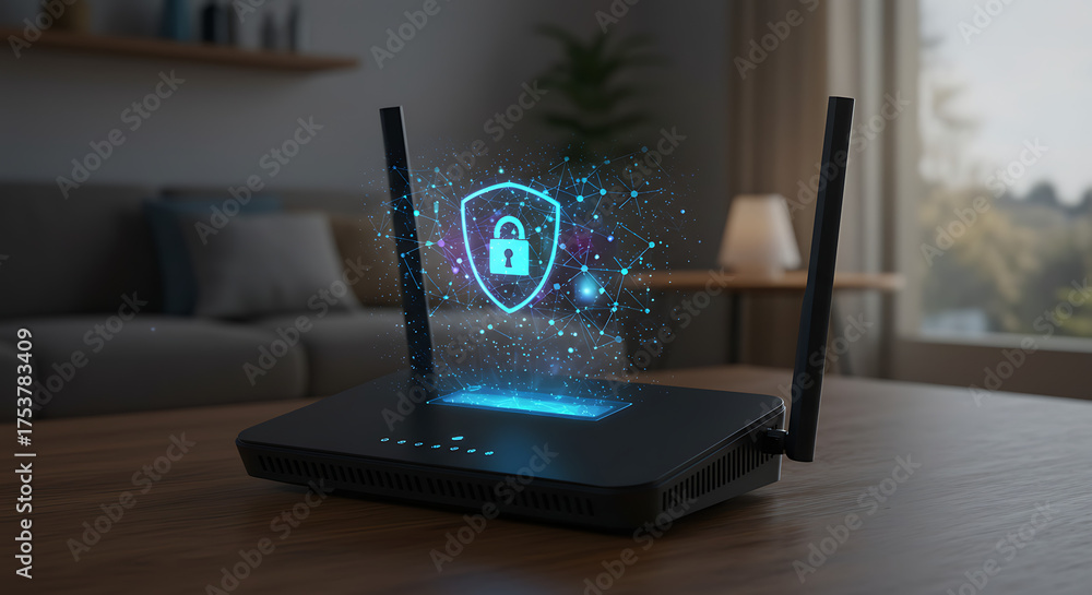 Smart home router glowing with firewall hologram Stock Photo | Adobe Stock