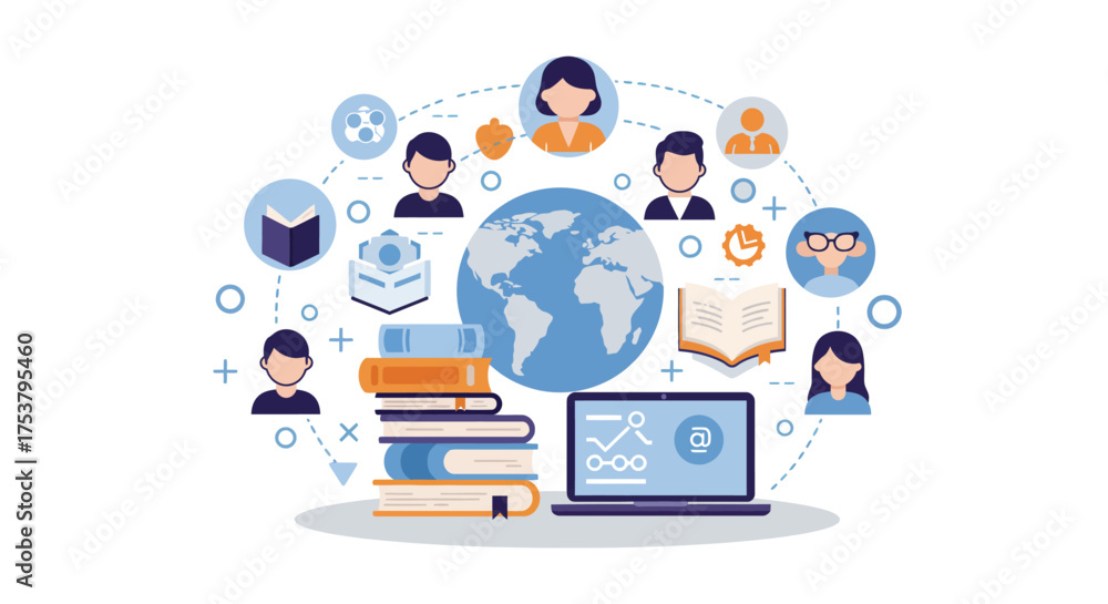 Illustration depicting global education, online learning, and ...