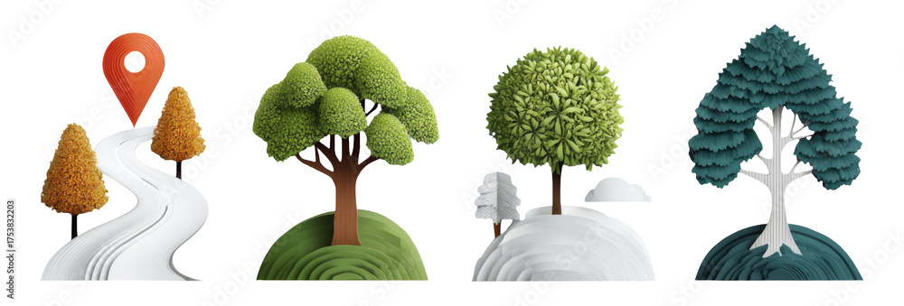 4 Unique Tree Designs with Road and Location Pin in Vibrant Colors and ...