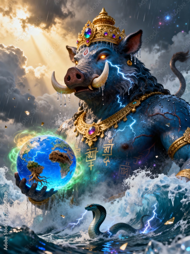 Varaha, the boar avatar of vishnu, holds the earth amidst a cosmic ...