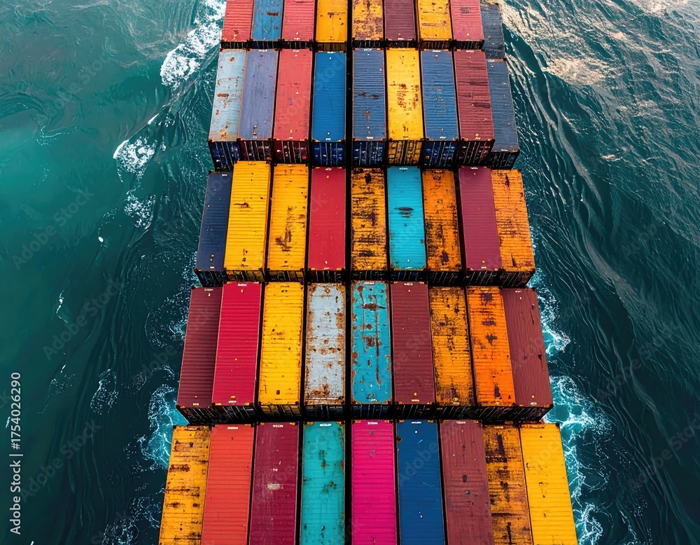Overhead view of a cargo ship laden with vibrant, colorful shipping ...