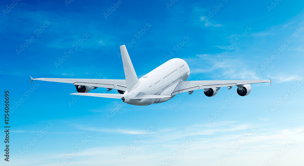 Стокове фото White airplane Airbus A380 back view flying in the blue ...