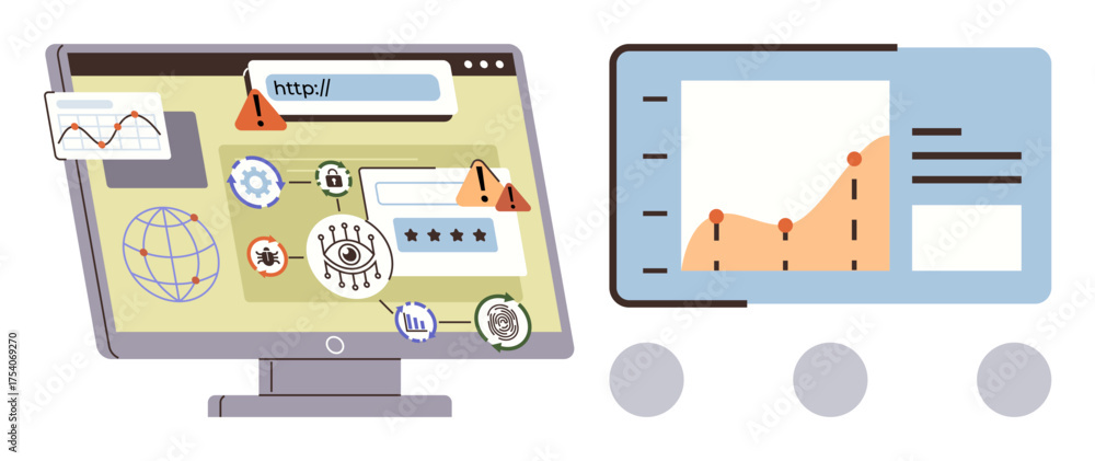 Computer screen with warning icons, locked browser window, settings ...