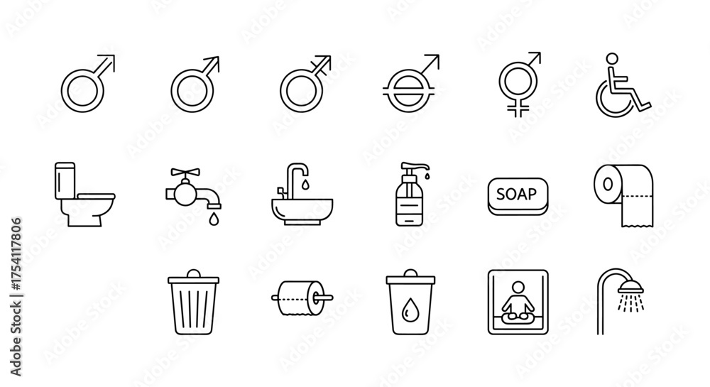 Public toilet and restroom thin line icon set. Vector collection of ...