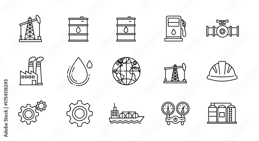 Oil and gas industry icons. Petroleum extraction, fuel production ...