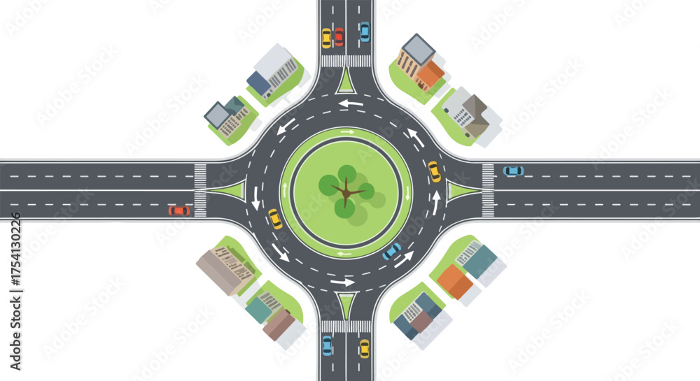 Aerial depiction of a modern roundabout with surrounding houses and ...