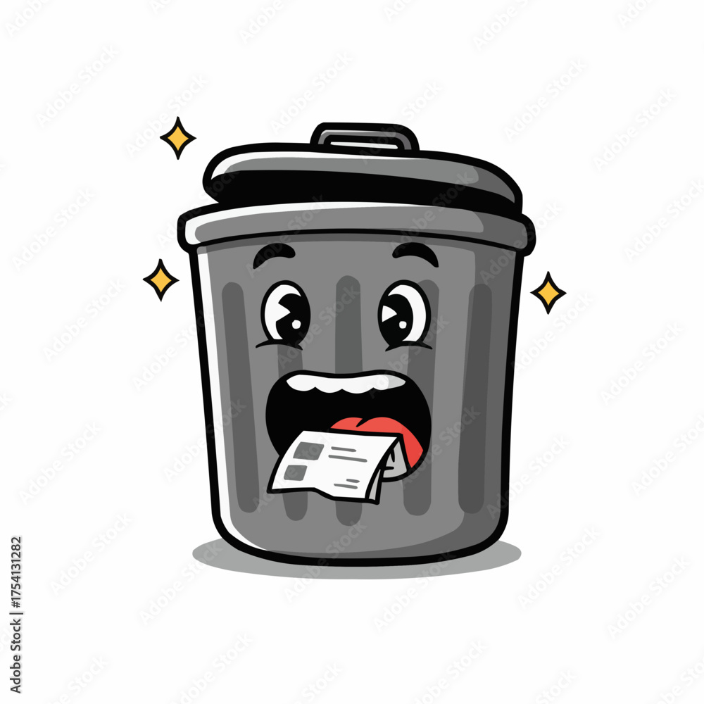 Cartoon trash can character with open lid and mouth eating a crumpled ...