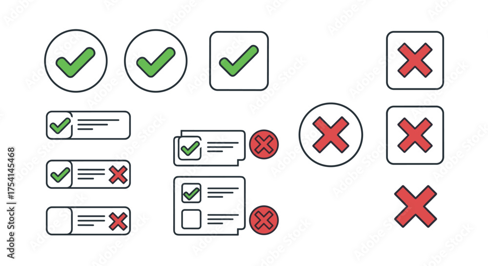 Check mark and cross icon set. Green tick and red X symbols. Vector ...
