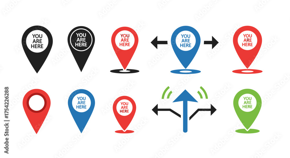 Colorful You Are Here Location Markers with Navigation Arrows, Pinpoint ...