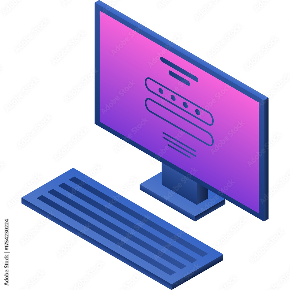 Isometric Computer Monitor Displaying Login Screen With Password Input ...