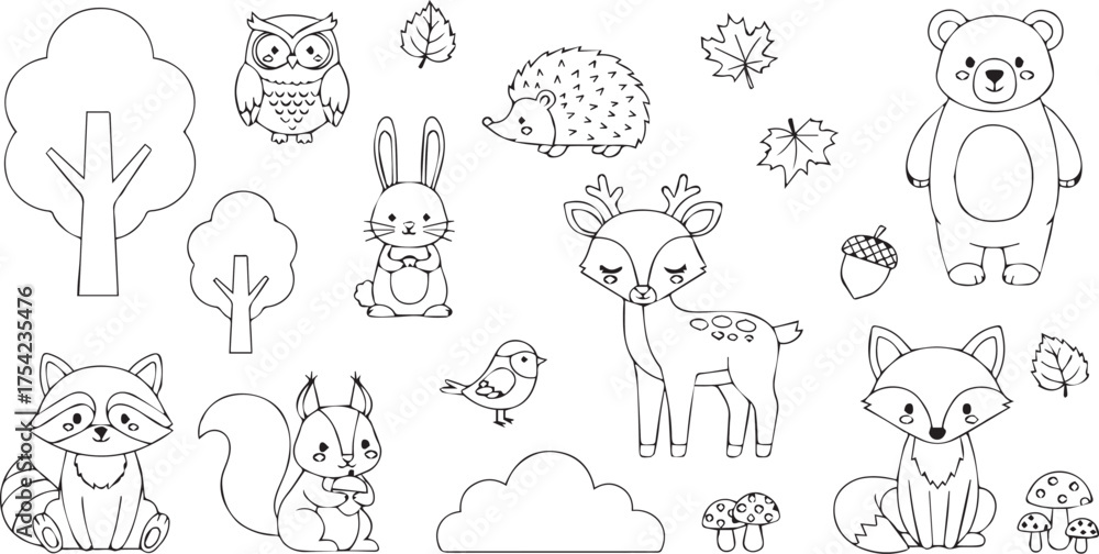 Cute woodland forest animal line art collection, black and white ...