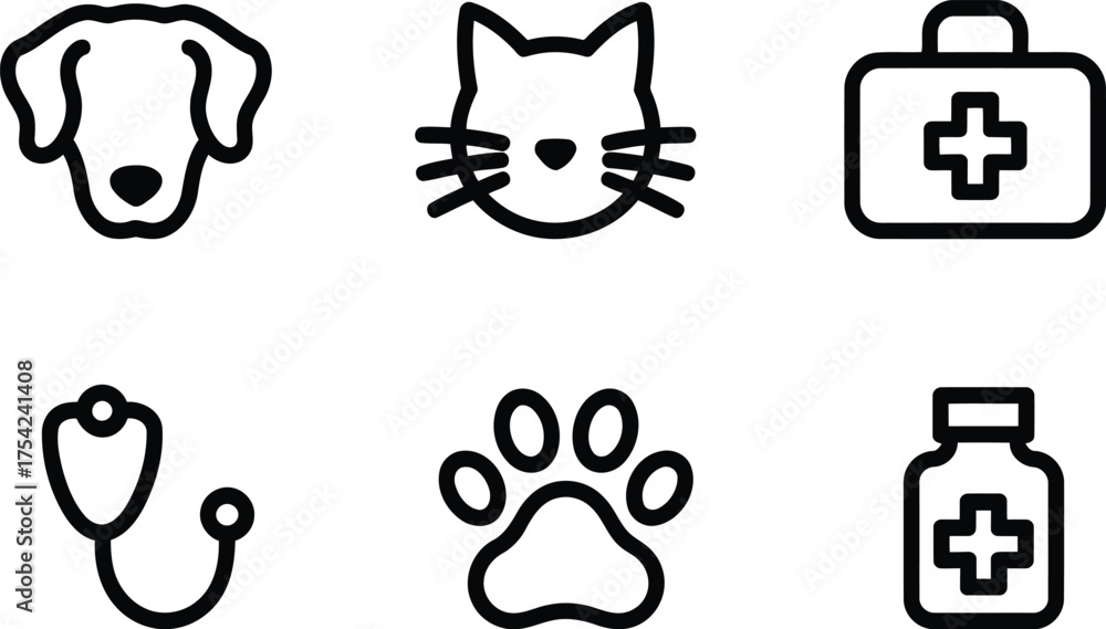 Veterinary Care Symbol Set Featuring Dog and Cat Head Silhouettes and ...