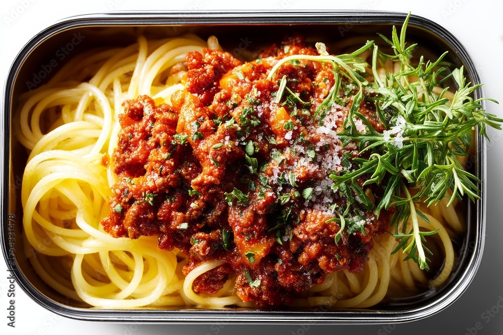 Conceptual close-up photography of a tasty spaghetti bolognese in a ...