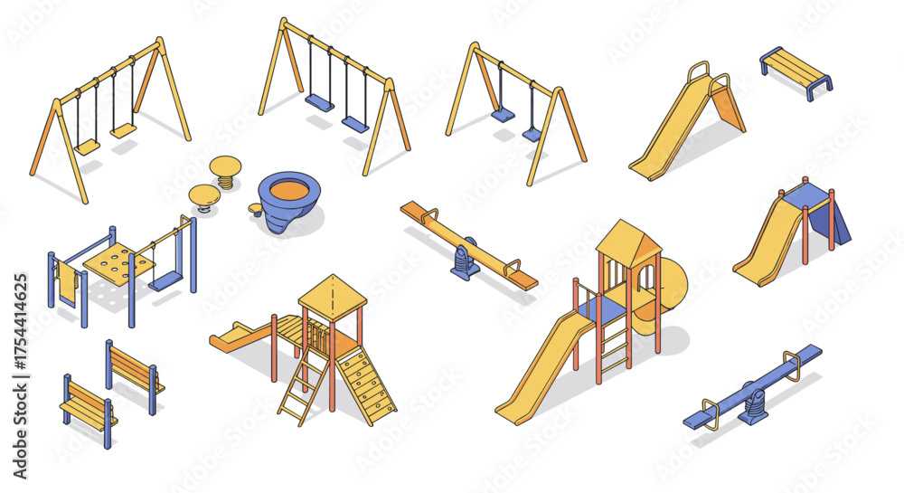 Isometric playground elements with slides, swings, and climbing ...