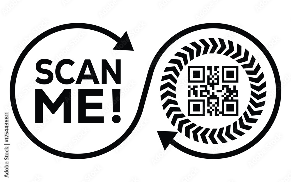 Square QR code with bold lines inside a circle, accompanied by "SCAN ME ...