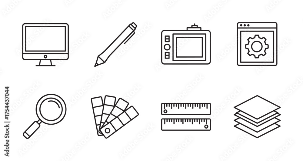 Simple black outline icons of computer monitor, mechanical pencil ...