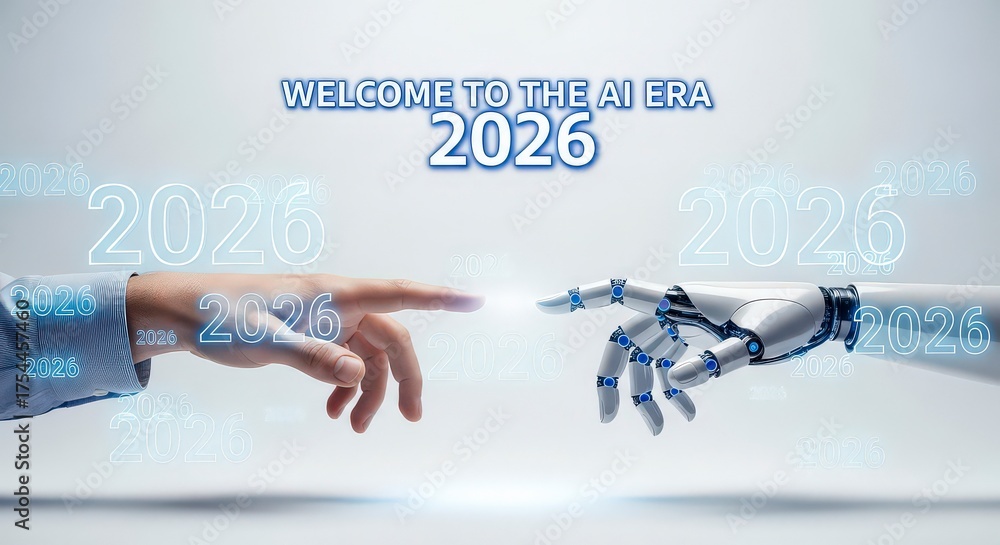 Ilustración de Stock "Welcome To The Era AI 2026" Human and Robot Hands ...