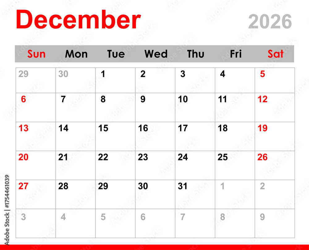 December 2026 calendar. Monthly calendar layout for December 2026 ...