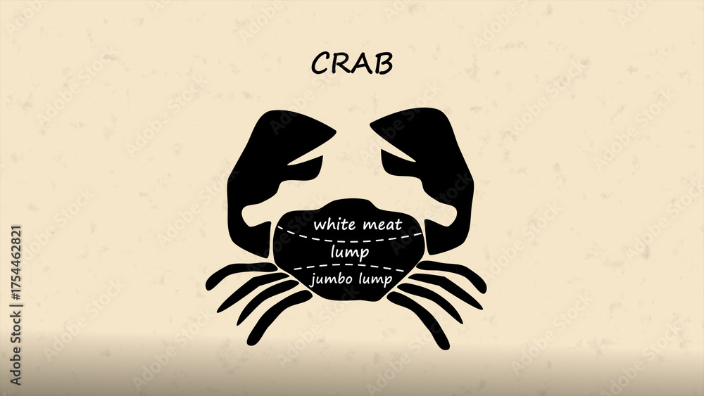 Detailed butcher diagram of crab showing all meat cuts and sections ...