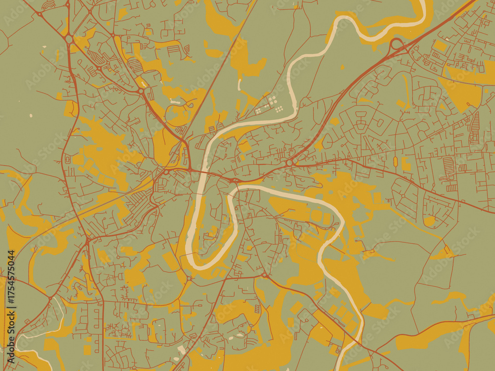 Graphic flat color map of Durham, United Kingdom in sage/olive tone ...