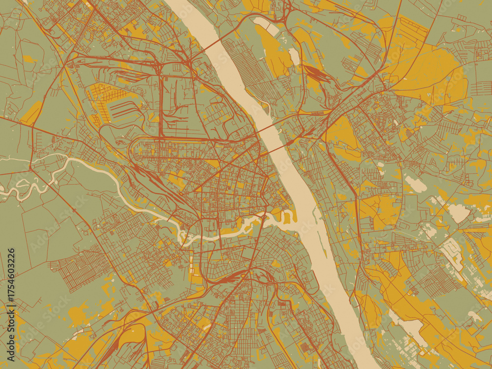 Contemporary flat map of Yaroslavl, Russian Federation design with sage green ground with rust ...