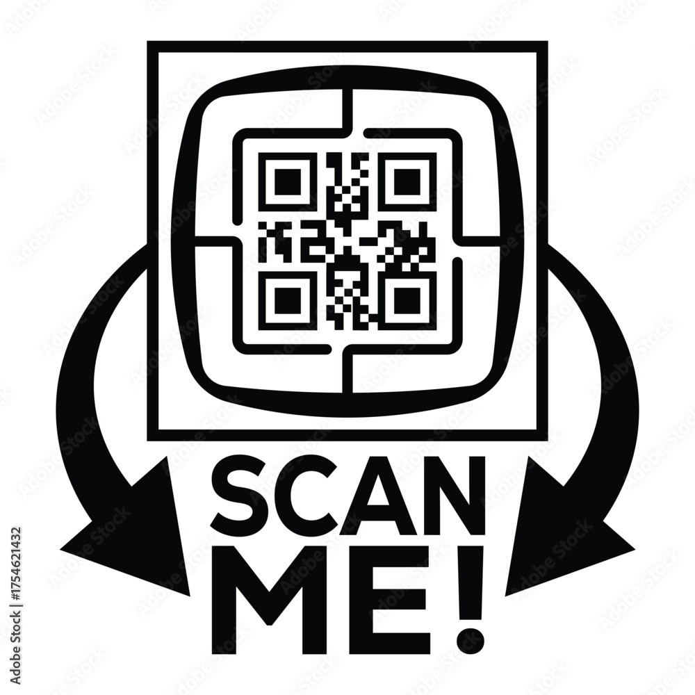 A bold, black and white vector graphic featuring a QR code centered in ...
