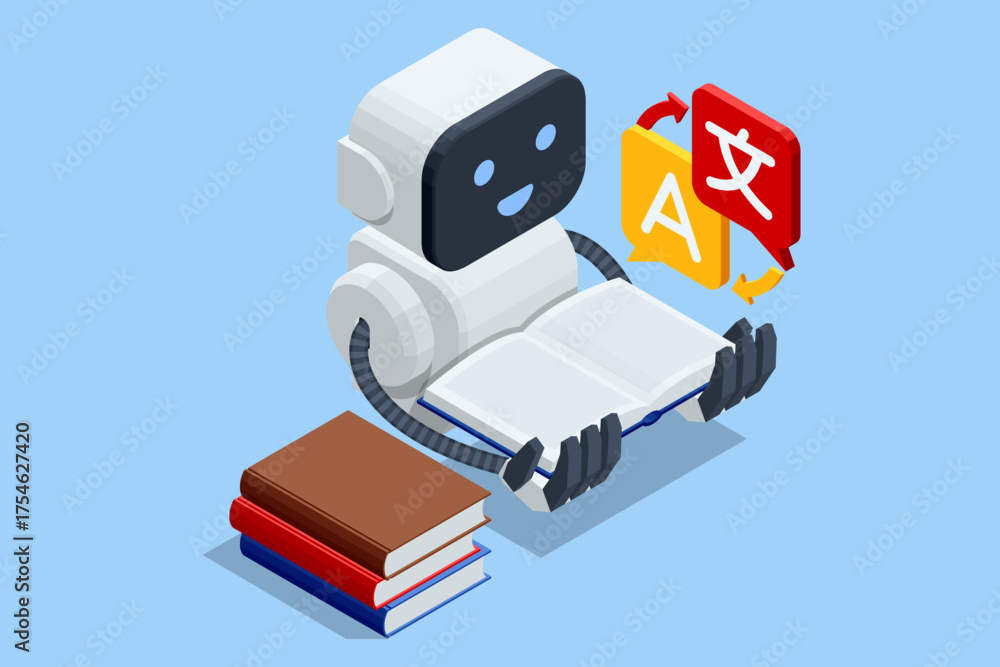Isometric AI robot reading book with language translation icons ...