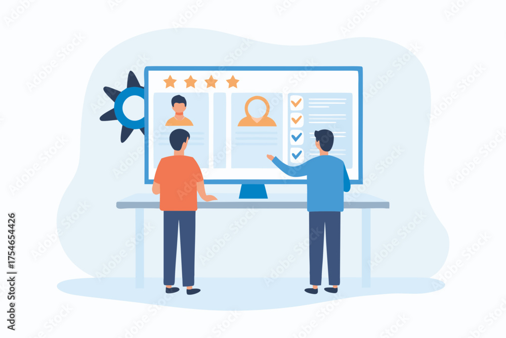 Two people reviewing candidate profiles and resumes on a computer ...