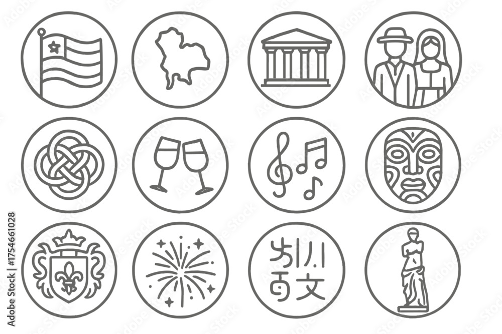 Cultural Heritage Icons. Line style round icons of cultural identity ...