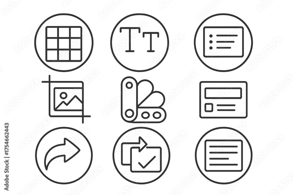 Slide Design Icons. Line style round icons of slide design: layout grid ...