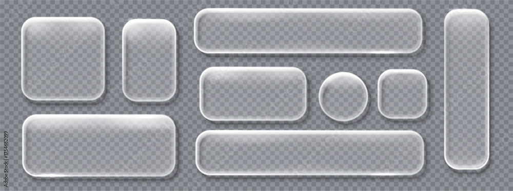 White liquid glass vector buttons. UI glowing interface element with ...