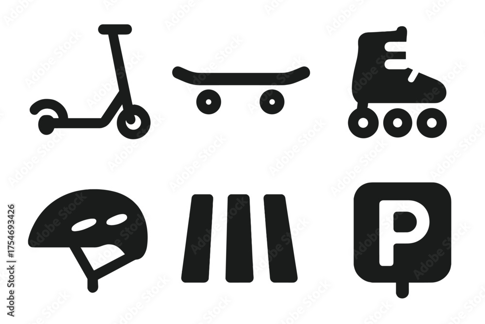 Urban mobility and safety symbols featuring scooter skateboard roller ...