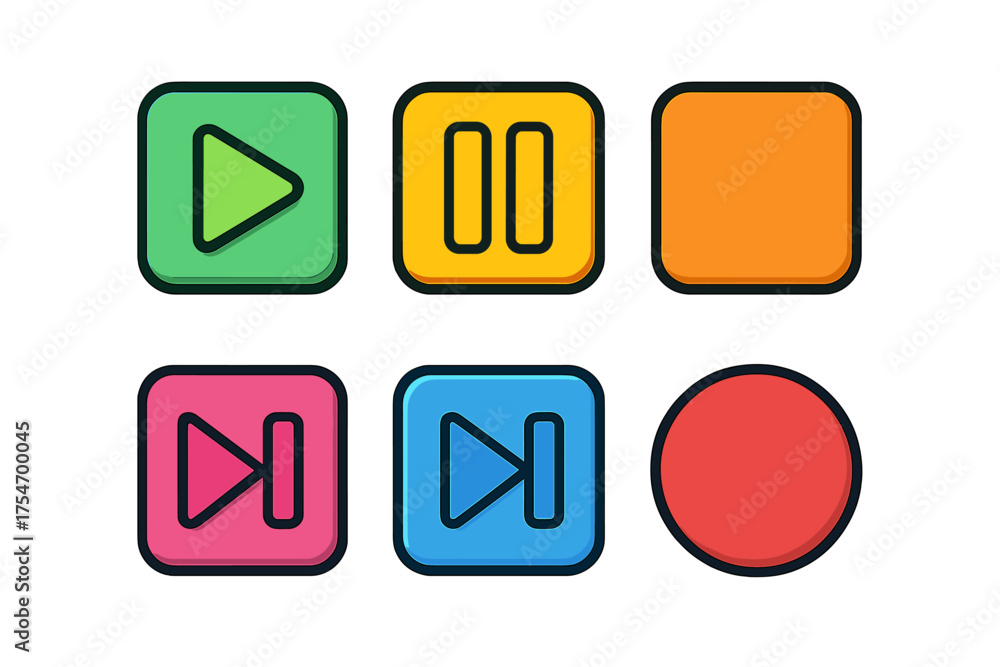Brightly colored audio and video playback control icons for digital ...