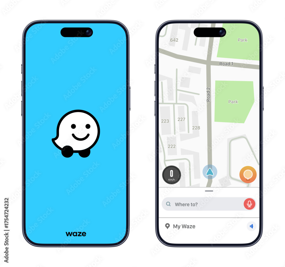 Waze UI Mockup Template in iPhone 17 Pro Max Screen .Waze Navigation Map Screen and Startup Logo ...
