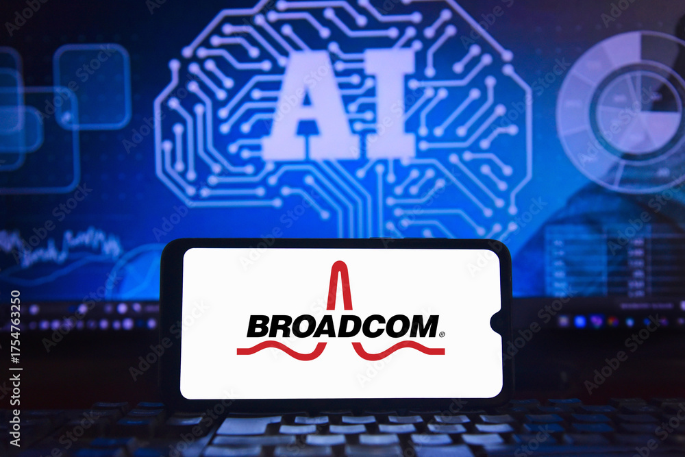 Broadcom logo on smartphone screen and artificial intelligence symbol ...