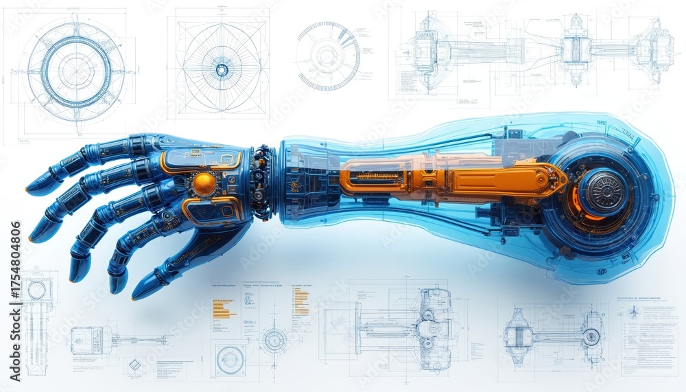 Detailed blue transparent robotic arm shows orange tech internal ...