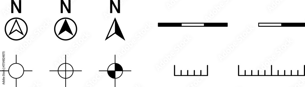 Basic Black Round North Mark Arrow Sign Symbol in Circle and Scale Icon ...
