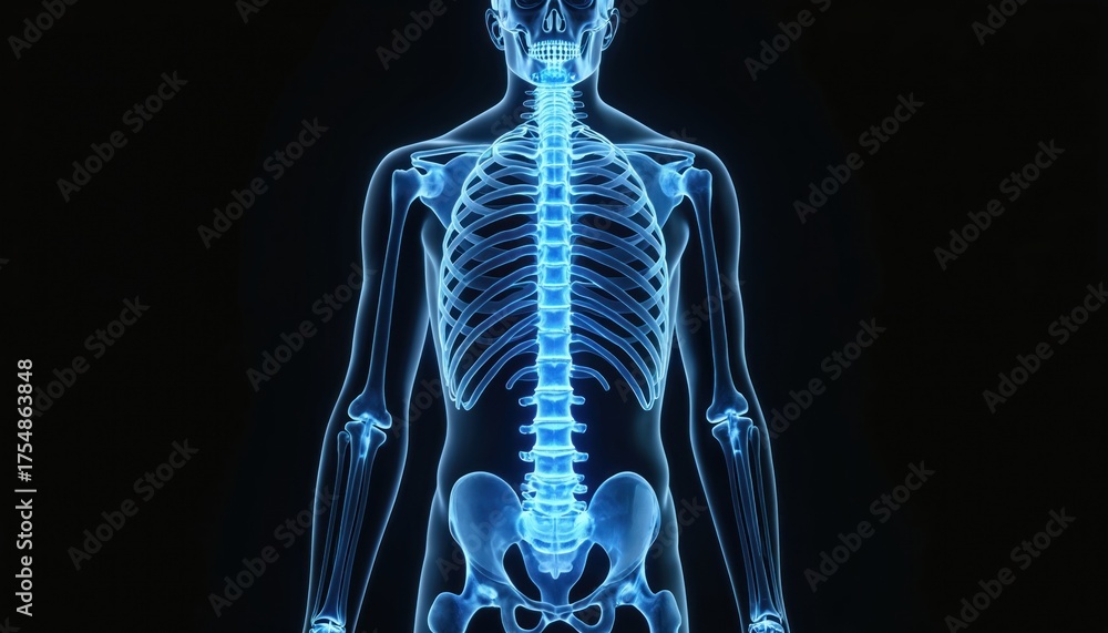 Human skeleton anatomy showing vertebral column, rib cage. X-ray scan ...