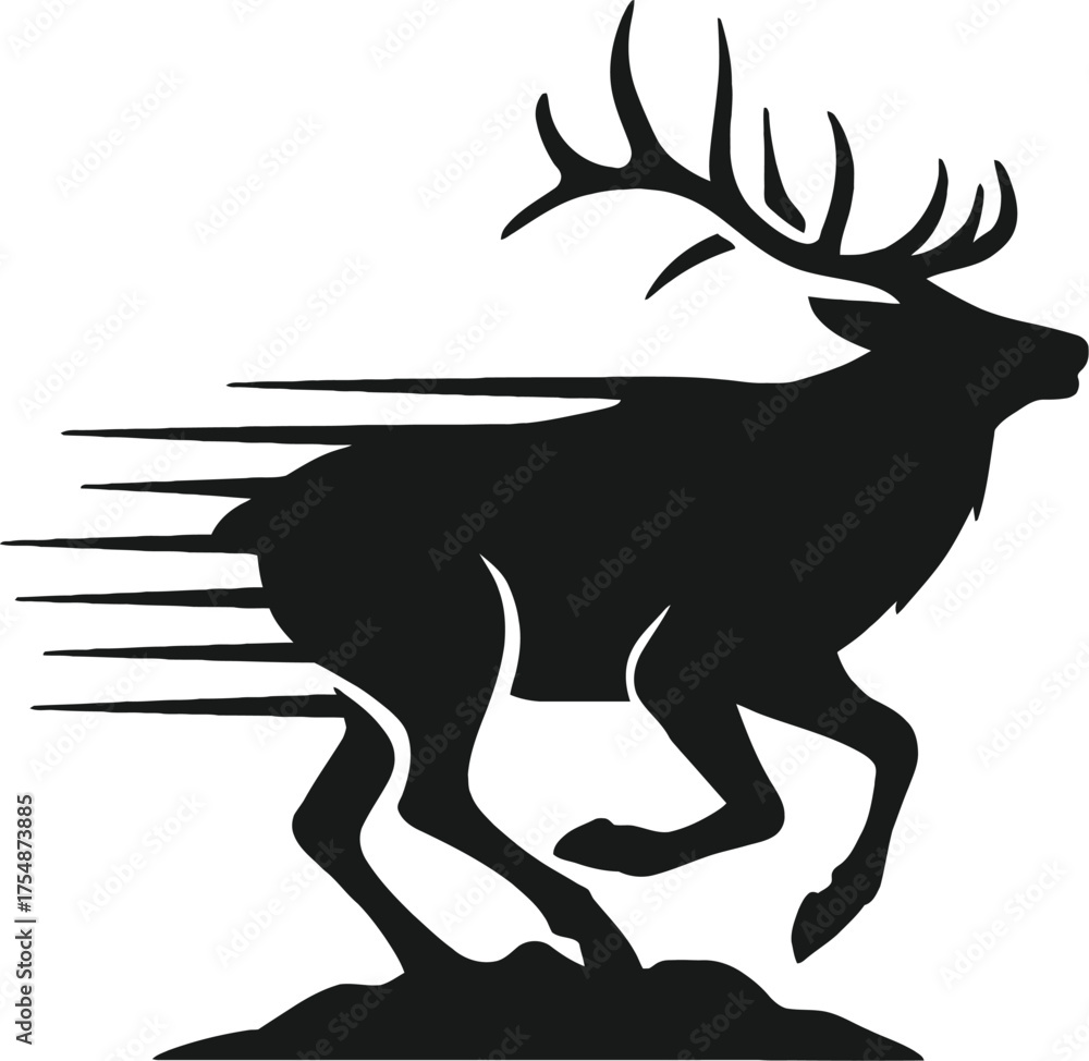 Dynamic silhouette of a running elk with streaking lines conveying ...