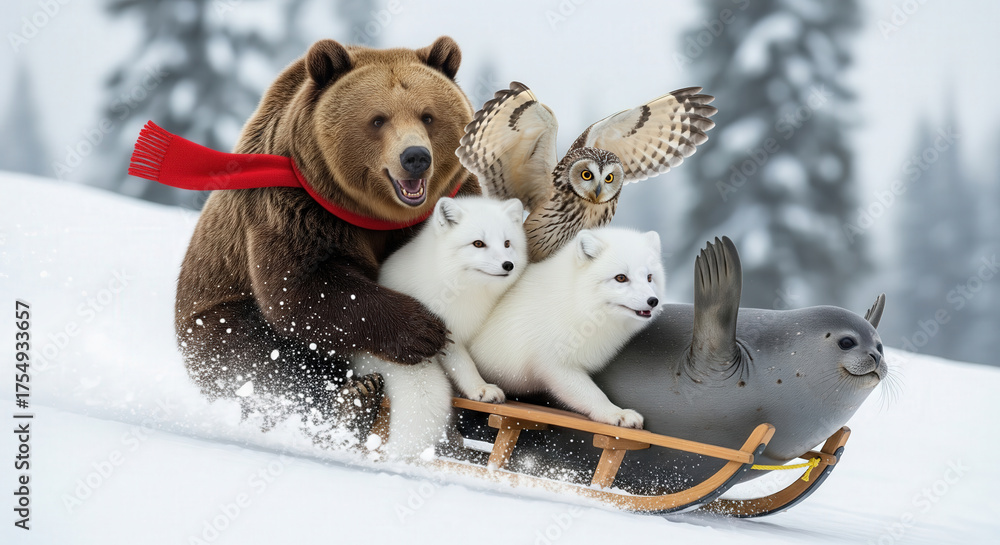 Funny scene of a bear, two arctic foxes, a seal, and an owl joyfully ...