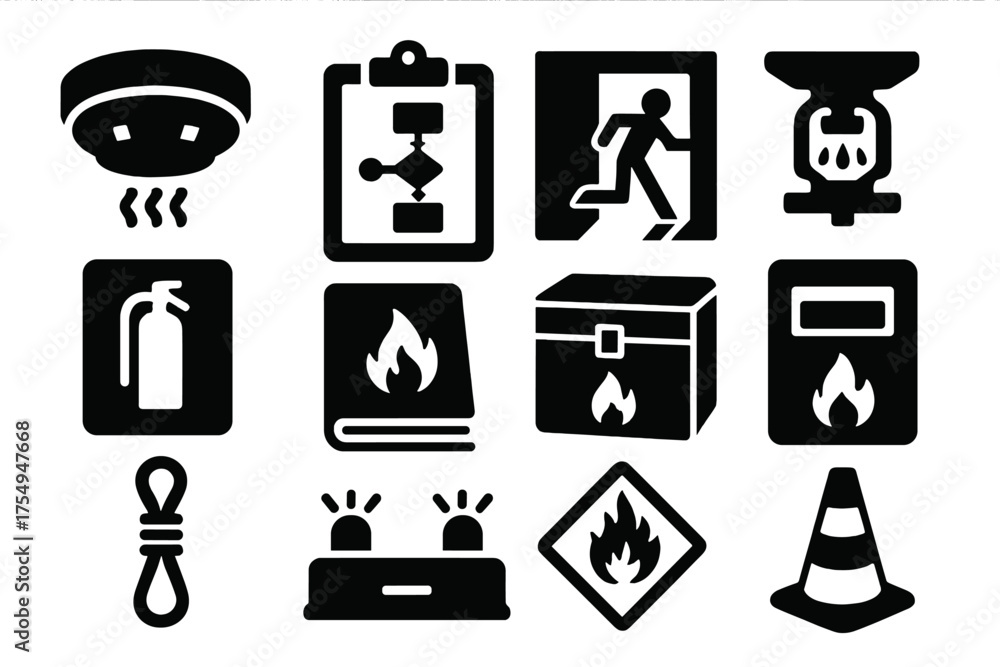 Fire Safety Icons. Solid style icons of Fire prevention and safety ...