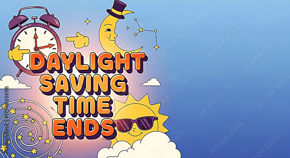 Cartoon alarm clock moon sun and stars announcing daylight saving time ...