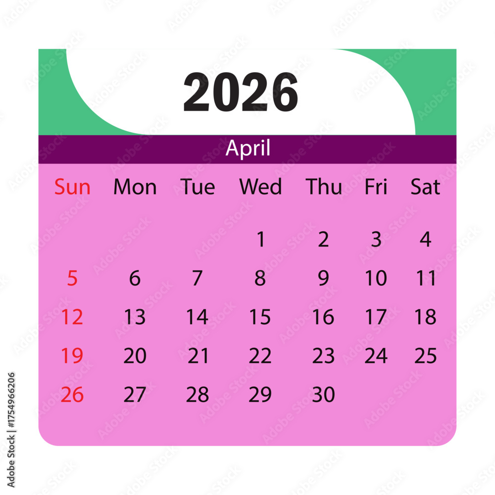 April 2026 calendar grid with days of the week and numbers for planning ...