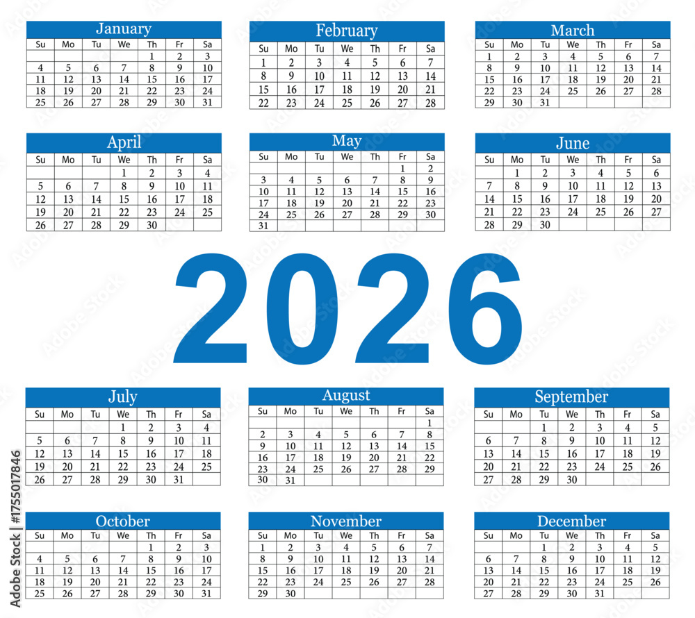 Image vectorielle Stock 2026 calendar grid showing all twelve months ...