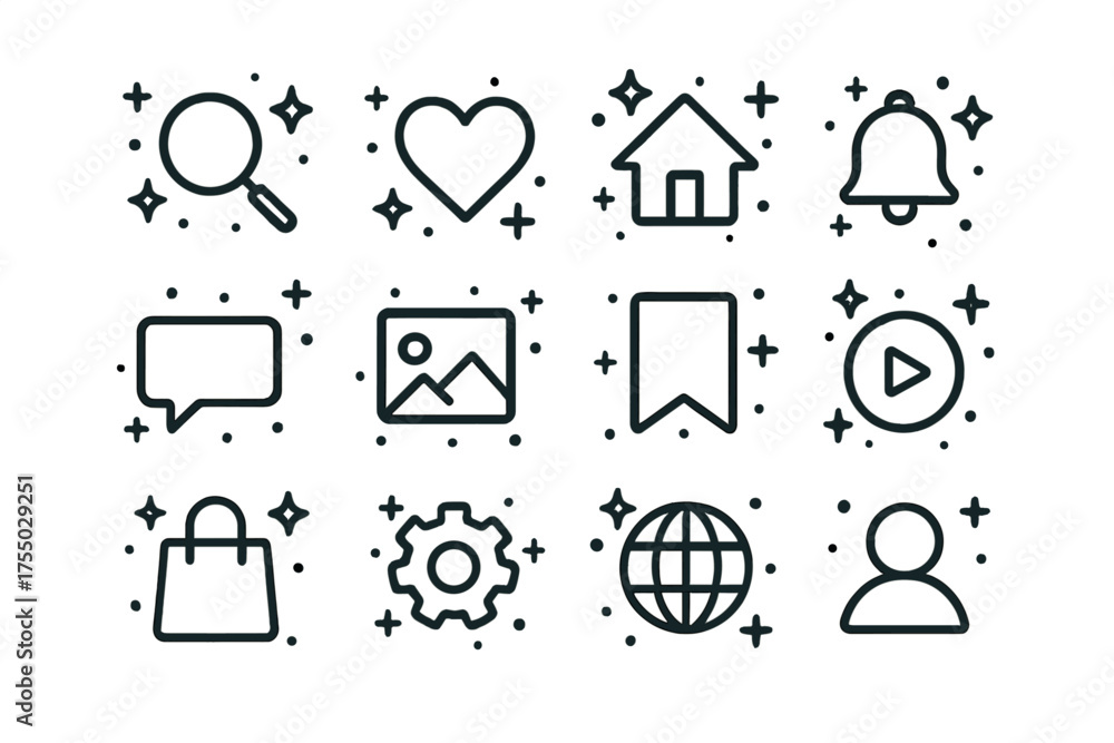Geometric Icons Grid. surrounded by small geometric decorative elements ...