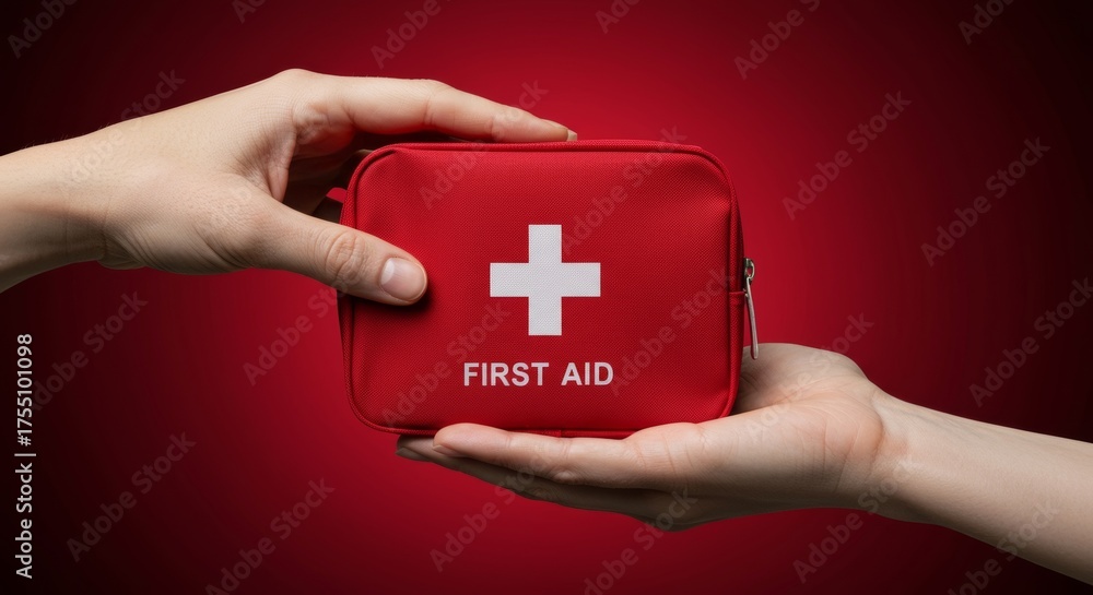 Transferring a red first aid kit: a symbol of emergency care and ...