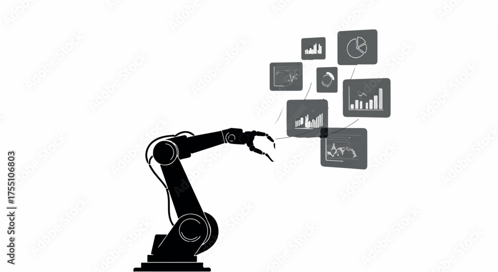 Robotic arm interacting with data visualizations, representing ...