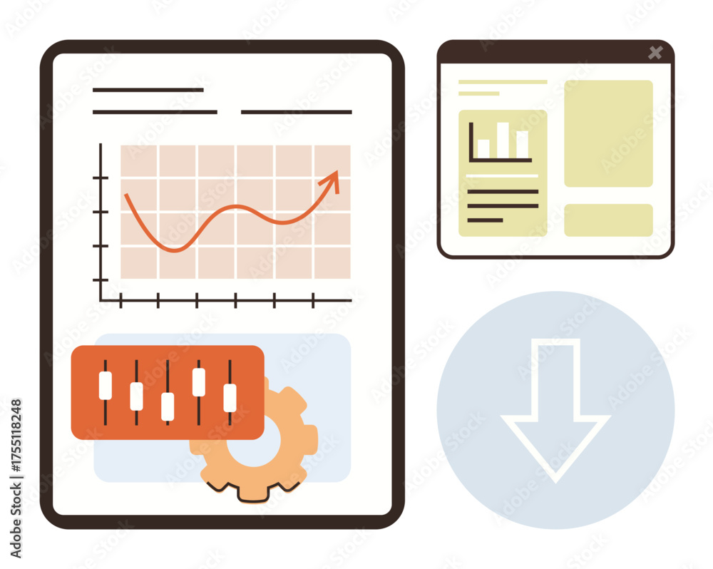 Graph with upward trend, candlestick chart overlay, settings gear, UI ...